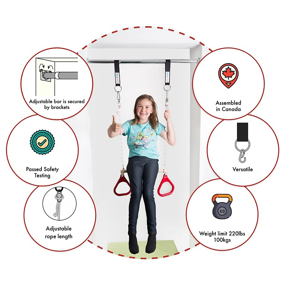 DreamGYM Doorway Sensory Swing Kit - Blue Compression Swing and Trapeze Bar with Red Gym Rings Combo
