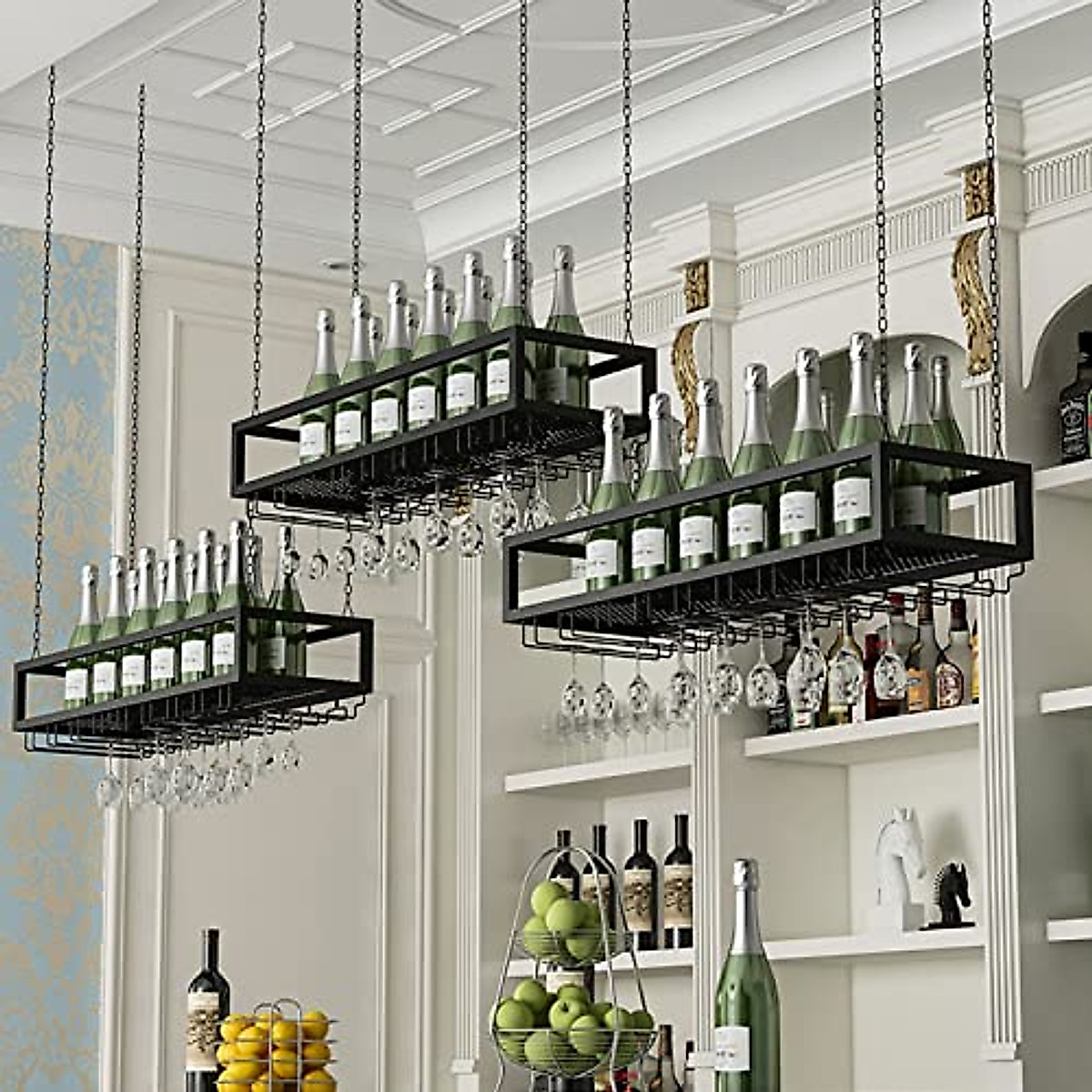 DASHADAO Hanging Wine Glass Rack-Black Wine Rack Home Wine Bottle Racks Ceiling Wall-Mounted Storage Shelf with Hanging Stemware Champagne Glasses Holder Metal Bar Unit Floating Shelves HOM