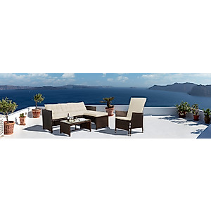 Teamson Home Patio Outdoor 3 Piece PE Wicker Sectional Conversation Sofa Set with Washable Cushions, Tempered Glass Tabletop for Small Space for Patio Garden Backyard, Brown and White