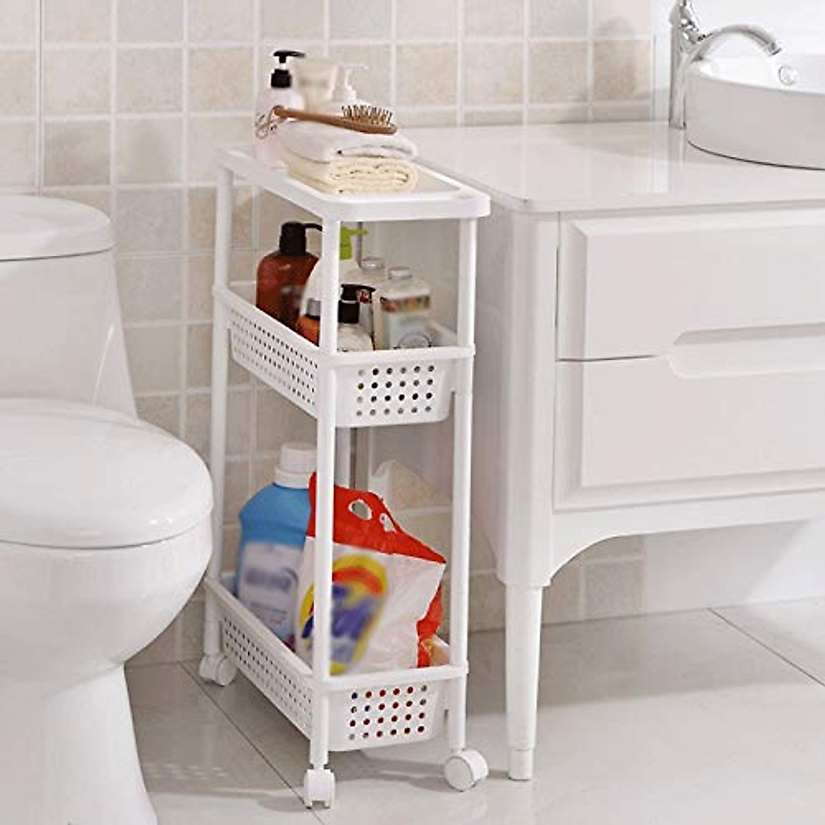 CZDYUF Gap Kitchen Storage Rack Shelf Slim Slide Tower Movable Assemble Thickened Plastic Bathroom Shelf Wheels Space Saving Organizer