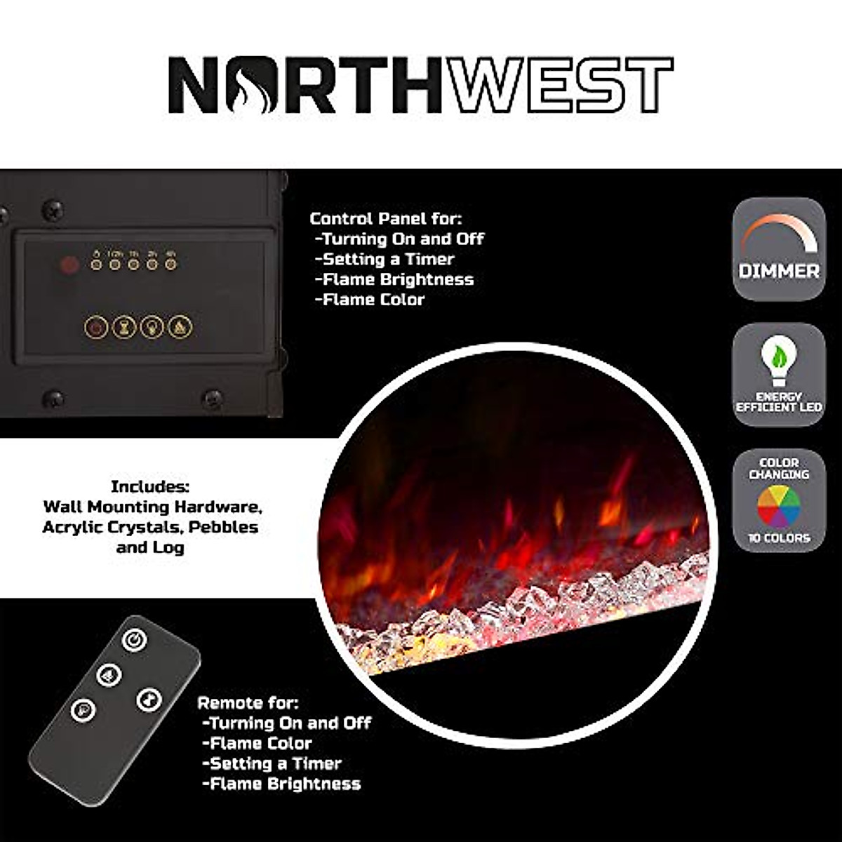 Northwest Electric Fireplace Wall Mounted, Color Changing LED Flame and Remote, 50 Inch, (Black), 50", Midnight