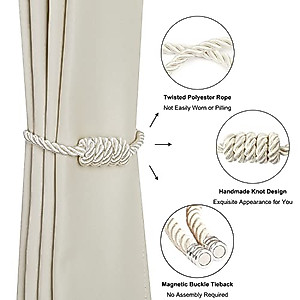 BEL AVENIR Magnetic Curtain Tiebacks, Decorative Drapery Holdbacks Modern Woven Tie-Backs with Exquisite Knot (Beige, 2 Pack)