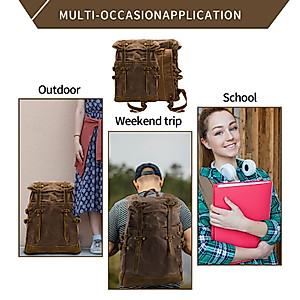Waxed Canvas Leather Hiking Travel Waterproof Backpack for School Weekend Travel Fit 15in laptops (Coffee)