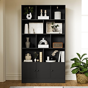 Anystyle Black 13 Cube Bookshelf, 5-Tier Bookcase Storage Cabinet with 3 Doors for Bedroom, Living Room