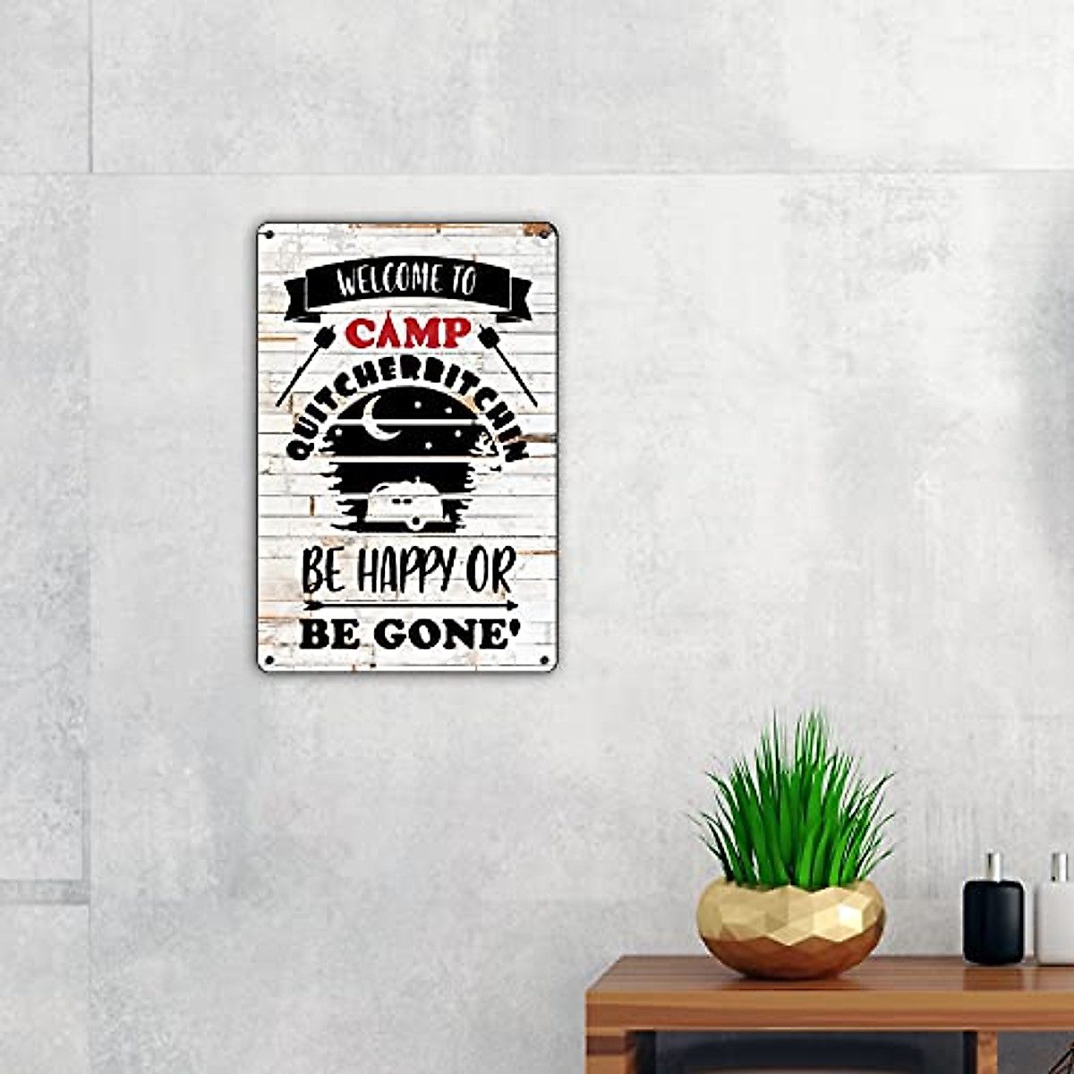 QIONGQI Funny Welcome to Camp Metal Tin Sign Wall Decor Farmhouse Rustic Camping Signs with Sayings for Home Camper Room Decor Gifts (Wooden Style)