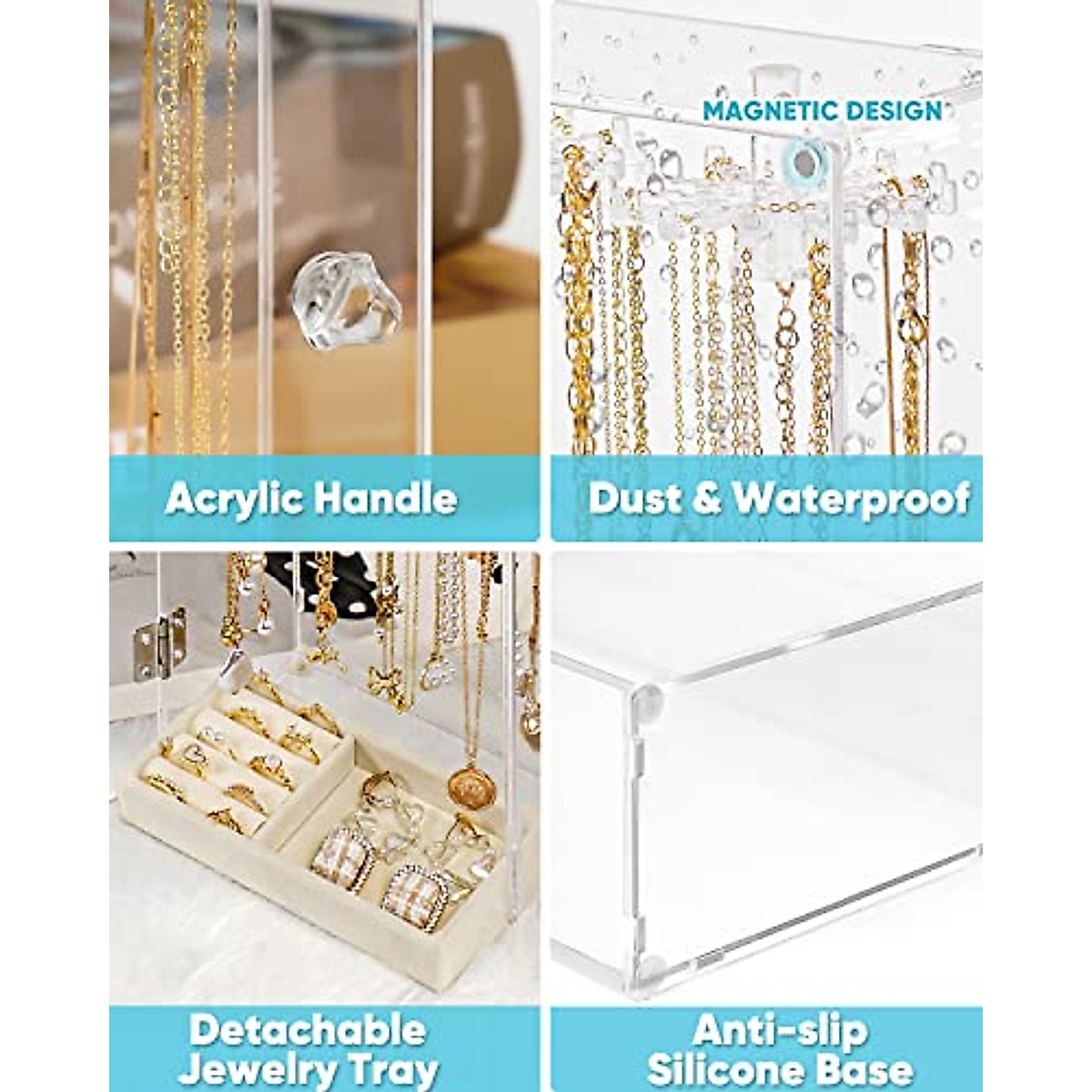 boailydi Acrylic Necklace Holder, Necklace Organizer, Rotatable Clear Jewelry Organizer Display Case for Long Necklaces Pendant Bracelets, Jewelry Holder with Beige Velvet Tray for Rings Earrings
