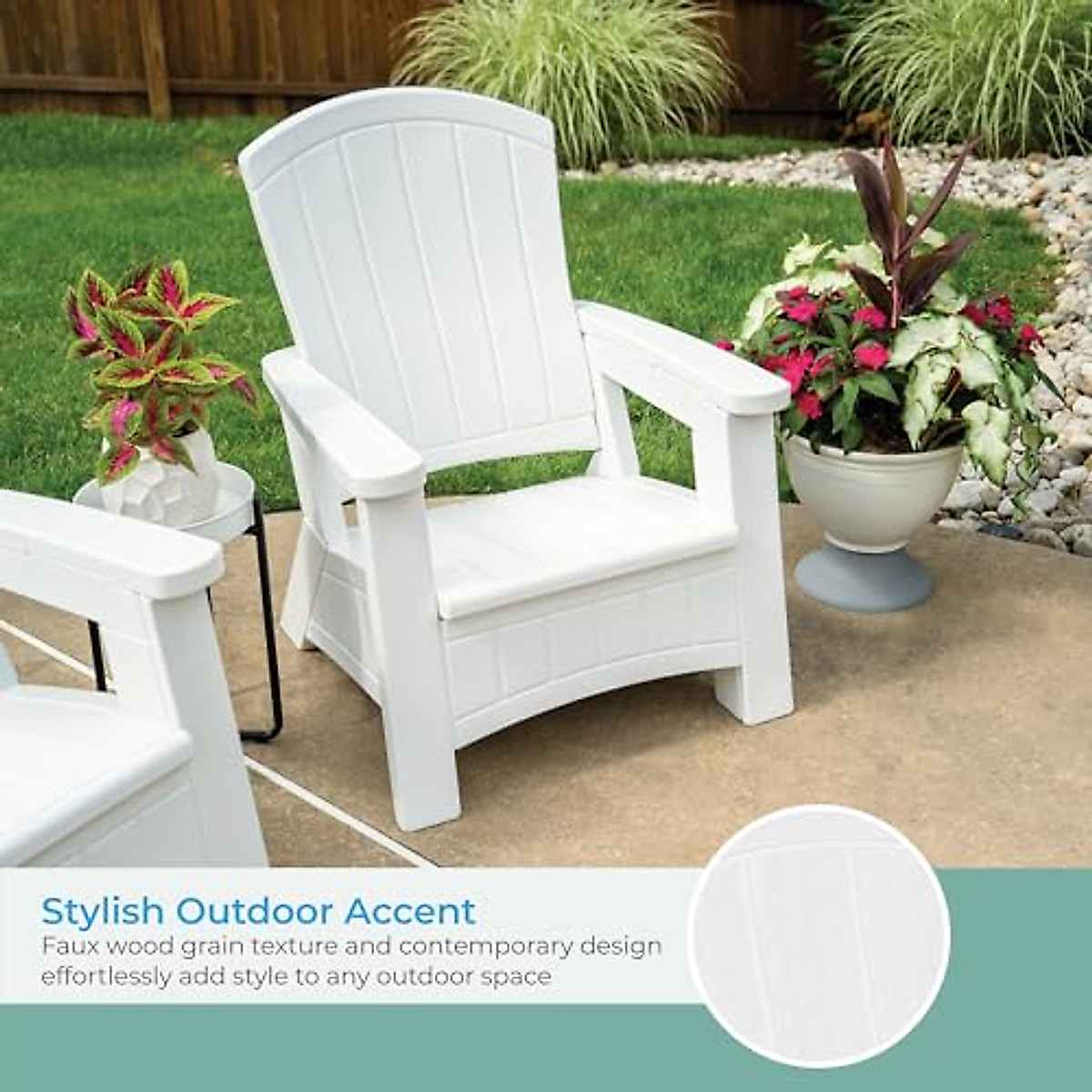 Suncast UV-Resistant Stylish Adirondack Outdoor Backyard Patio Chair with in-Seat Storage, White