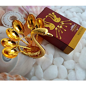 Gold Coffee Spoon with Metal Swan Base Holder with 6 Spoons Organizer, Stainless Steel Serving Bar Dessert Spoon for Cake CountertopTableware Household