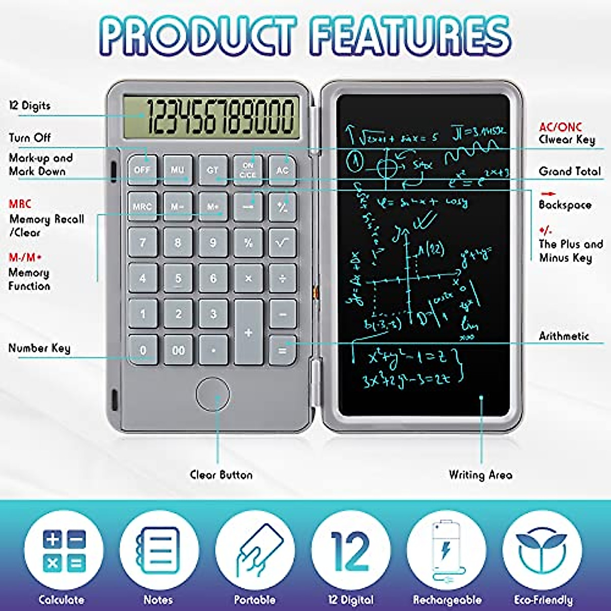 Hion Calculators,12-Digit Large Display Rechargeable Pocket Office Desktop Calculator with Erasable Wiriting Tablet,Mute Basic Desk Calculators with Doodle Pad for Student Home School,Grey