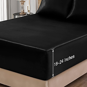 VACVELT 4pcs Extra Deep Pocket Satin Sheets Queen Size Bed Set, Black Satin Sheet Set Fit 18-24 Inch Deep Pocket Mattress, Silky & Luxury Satin Bedding Set Soft & Ultra Deep Fitted Sheet Set