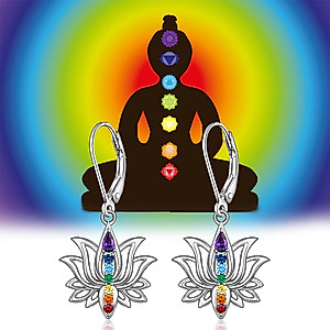 Chakra Earrings Lotus Flower 7 chakra Stones Leverback Earrings for Women Dangle Yoga Lotus Jewelry Balance Meditation