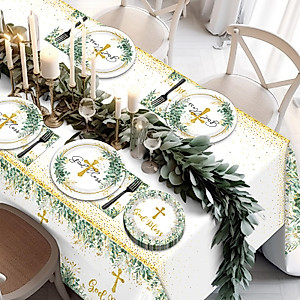 98pcs God Bless Plates Baptism Tableware First Holy Communion Mi Bautizo Disposable Tableware Set with Plates Napkins Tablecloth for Newborn Baby Shower Party Christening Religious Party Decorations
