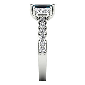 Clara Pucci 1.71ct Emerald Round Cut Solitaire 3 stone Accent Natural London Blue Topaz gemstone designer Modern Ring 14k White Gold