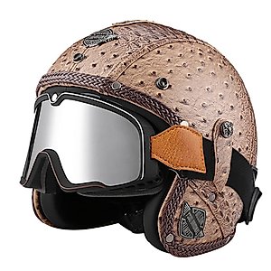3/4 Retro Leather Motorcycle Half Helmets, Vintage Motorcycle Helmet with Safety Goggles, Men Women Open Face Moped Helmets Jet Motorbikes Crash Helmet for Four Seasons, DOT/ECE Certified -F-L