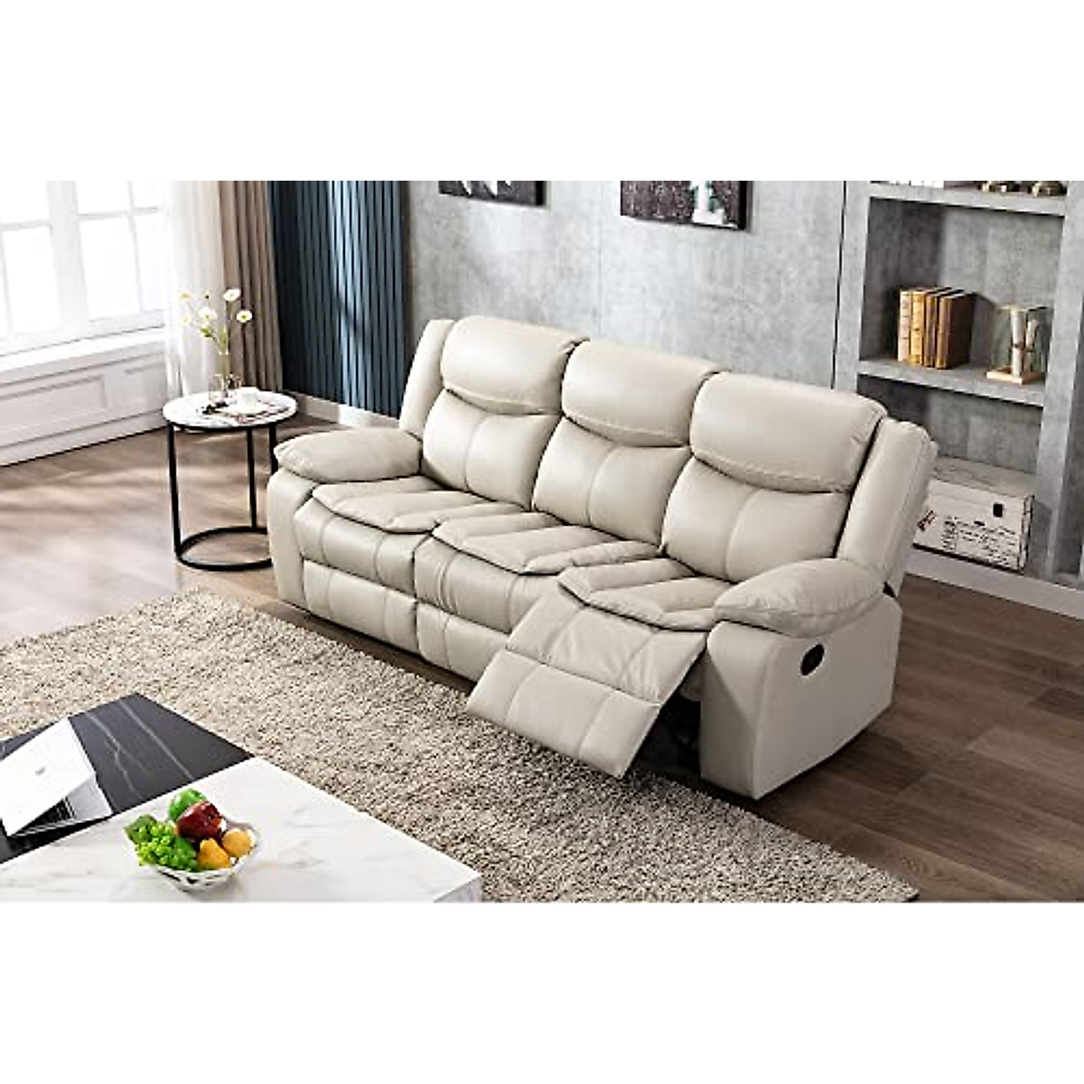Familymill Breathable Leather Manual Reclining 3-Seat Sofa, Cream