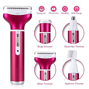 FAMKIT Facial Hair Removal for Women, Upgraded Waterproof Painless 4 in 1 Lady Grooming Kit-Facial Hair Remover, Body Shaver, Nose Hair & Eyebrow Trimmer, USB Rechargeable