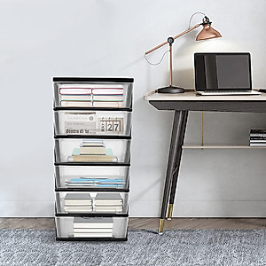 LINISHOP 6-Tier Rolling Storage Cart Rectangle Rolling Storage Cabinet Organizer Books Documents Storage Foldable Drawer Shelves Unit Rack with 4 Wheels for Home Office PP 19.7*13*43in (Black+Clear)