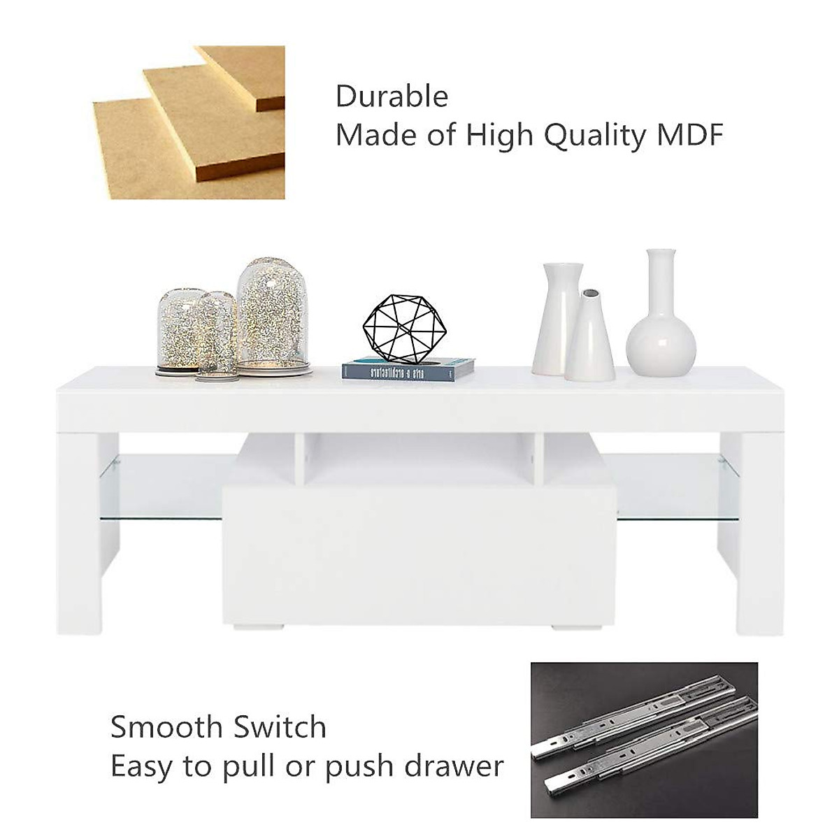 MTFY Modern TV Stand with LED Light, Entertainment TV Stand Cabinet with Single Drawer, Television Table Center Furniture for Living Room Bedroom, for 52'' TV, White