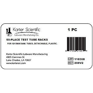 Plastic Test Tube Rack for 12/13 mm Tubes, Hole Diameter is 13.6mm, Holds 50, Detachable, Karter Scientific 208V2 (Pack of 1)