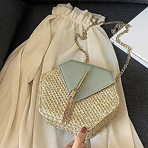 Straw Handbag Crossbody Bag Hexagon Straw+Leather Woven Beach Shoulder Bag