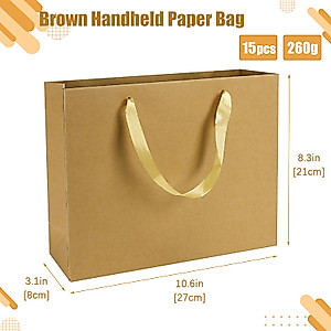 Rcybeo 15 Pack 10.6x3.1x8.3 Inch Brown Gift Bags, Kraft Paper Bags with Tissue Paper, Brown Paper Bag with Ribbon Handles for Retail, Grocery, Boutique, Wedding, Birthday, Party Supplies and Gifts