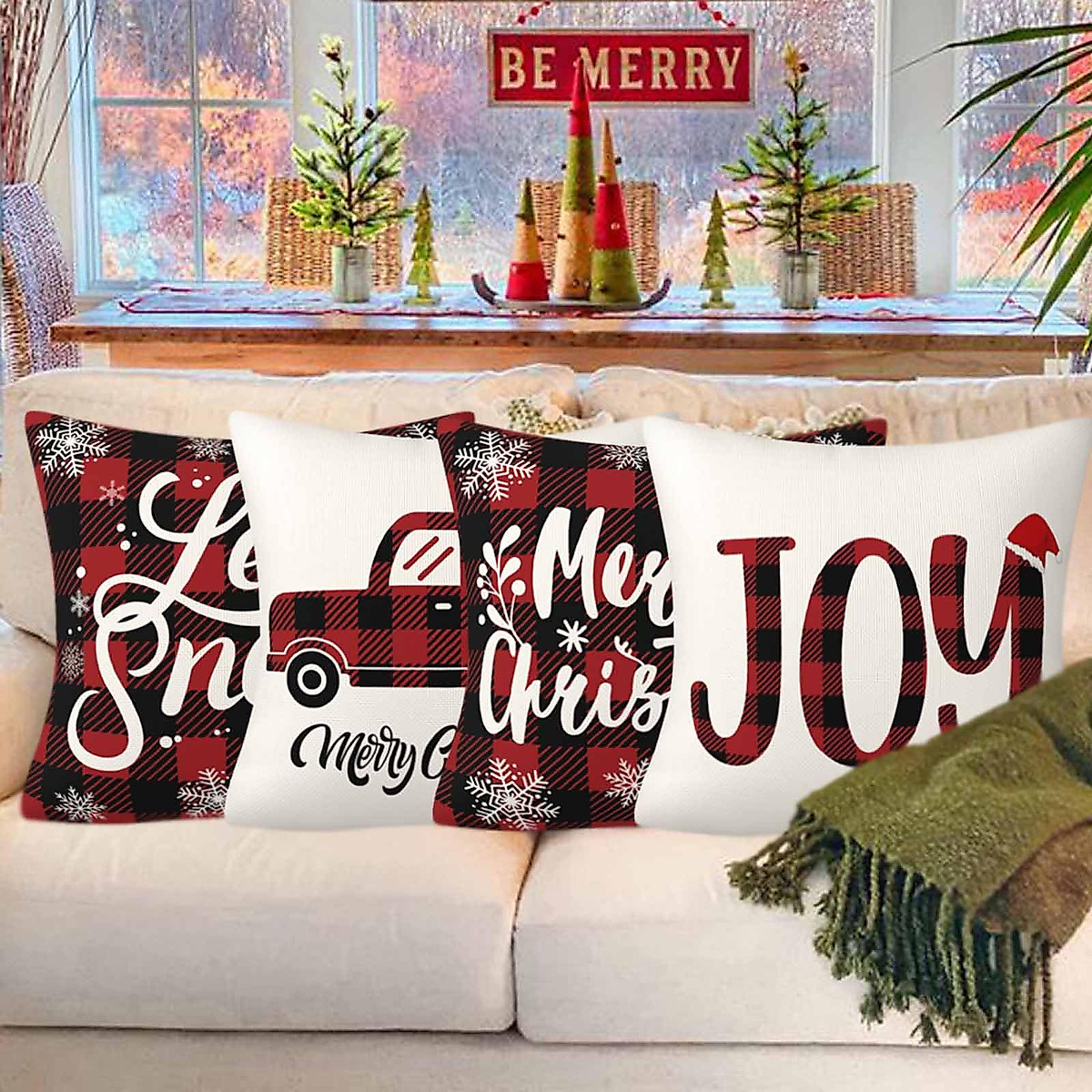 Veilpuo Christmas Pillow Covers 18 x 18 Inch Set of 4 for Christmas Decoration Farmhouse Black and Red Buffalo Plaid Pillow Case for Christmas Home Office Sofa Couch Bed Decoration