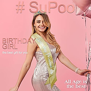 SuPoo Golden Birthday Sash and Crown Kit Princess Crown Birthday Tiara Birthday Girl Crown with Comb Glitter Birthday Sash for Women Crystal Tiaras for Girls Headband Happy Birthday Decorations Gifts