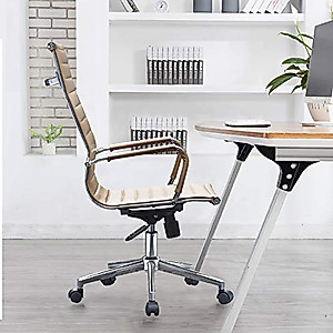 2xhome Modern Office Desk Chairs High Back Ribbed PU Leather Conference Task Armchairs with Swivel Tilt & Adjustable Height, Tan