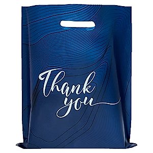 Rainbows & Lilies 100 Thank You Bags, 12x15 Plastic Bags with Handles, Shopping Bags for Small Business, Gifts, Goodie Bags - Thick Reusable Bags (Navy Blue)