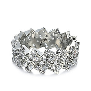 hsiyyecg Fashion Round and Baguette Cut Silver Plated Cubic Zirconia Wedding Band Eternity Bands Ring for Men Women Size10, 9, 8, 7, 6 (US Size 6)