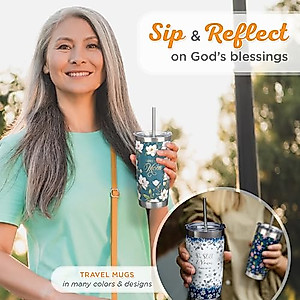 Christian Art Gifts Large Stainless Steel Double Wall Vacuum Insulated Travel Tumbler for Mothers: Love You, Mom, Inspiring Scripture, Hot/Cold, Flip Top Lid, Resusable Straw, Dark Teal Floral, 18 oz.