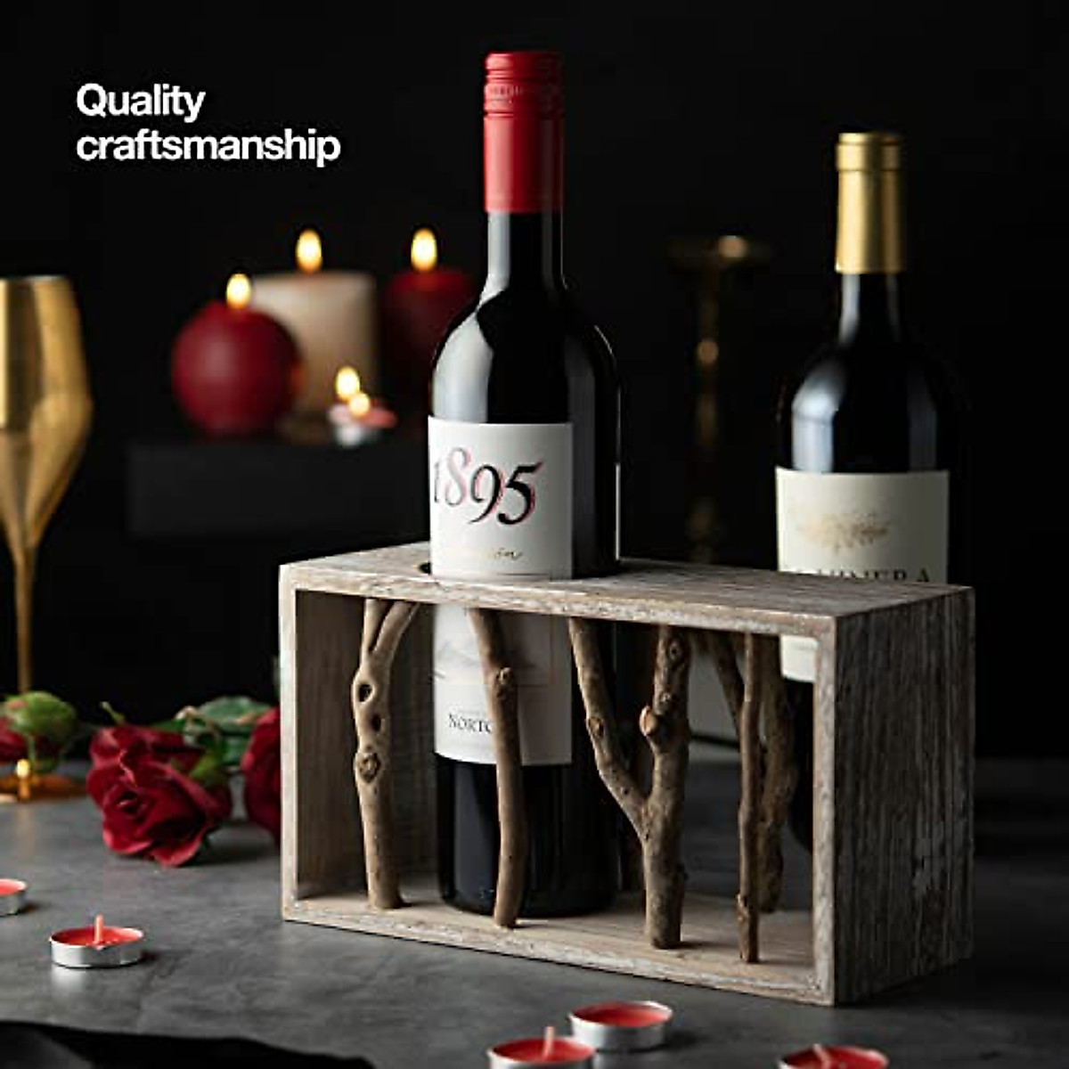 Wooden Wine Rack - Wine Bottle Holder - Rustic Tabletop Birch Wood Single Wine Stand - Freestanding Countertop Liquor Bottles Display w/ Branch Accents, Handmade Gift Decor Housewarming Bar or Kitchen