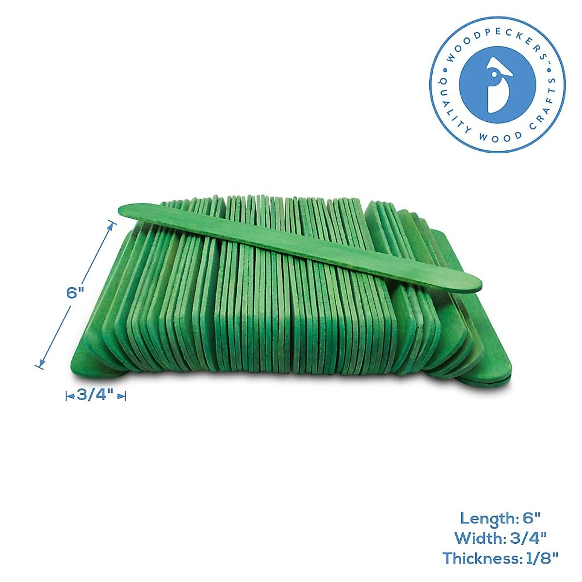 Jumbo Green Craft Sticks 6 inch, Pack of 100 Christmas Popsicle Sticks for Crafts, Wax Sticks & Tongue Depressors, by Woodpeckers