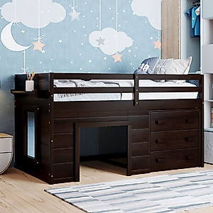 CITYLIGHT Twin Size Low Loft Bed with Storage,Wood Twin Loft Bed with Cabinet and Shelf,Kids Loft Bed Frame for Girls Boys,Espresso