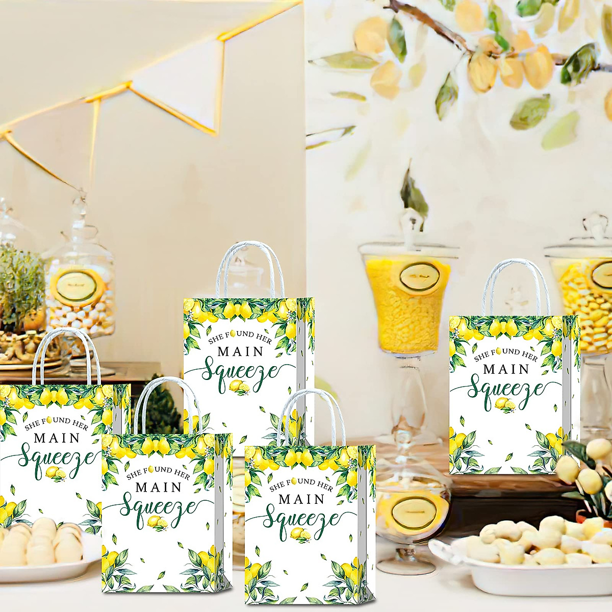 16 Pieces She Found Her Main Squeeze Bridal Shower Party Favors Bags,Lemon Citrus Goody Gift Snacks Treat Candy Party Favors Bags with Handles for Lemon Theme Bridal Shower Party Decorations