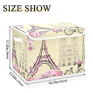 WELLDAY Pink Romantic Paris Storage Baskets Foldable Cube Storage Bin with Lids and Handle, 16.5x12.6x11.8 In Storage Boxes for Toys, Shelves, Closet, Bedroom, Nursery