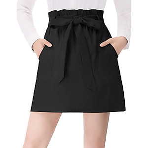 KANCY KOLE Women Tie Waist Skirts Paper Bag Elastic Waist Short Casual Skirt with Pockets Black