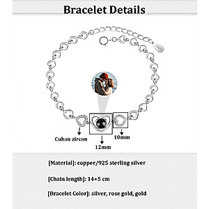 Aina Lighting Personalized Photo Projection Bracelet Custom Bracelet with Picture Inside I Love You Bracelet 100 Languages 925 Sterling Silver Heart Pendent Memorial Jewelry Gift for Women, 14+5cm