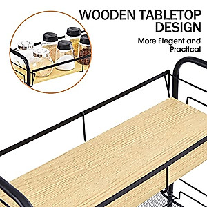 KINGRACK 4-Tier Slim Rolling Cart,Metal Utility Cart,Slide Out Storage Cart with Wooden Tabletop and Mesh Baskets for Narrow Space on Kitchen Bathroom Laundry Room Bedroom Apartments Dormitory, Black