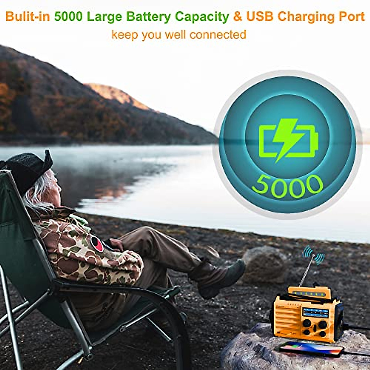 Emergency Radio 5000 Hand Crank Solar Weather Radio,5-Way Power AM/FM/SW/NOAA Survival Portable Radio with Camping Flashlight,Power Bank Phone Charger,Reading Lamp,SOS Alarm Survival Equipment,Compass