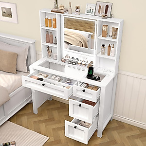 FIONESO Vanity Desk, Makeup Vanity with Glass Tabletop & Power Outlet, Vanity Desk with Mirror and Lights, Makeup Vanity Desk with 4 Drawers & 6 Shelves, Vanity Set for Bedroom, White