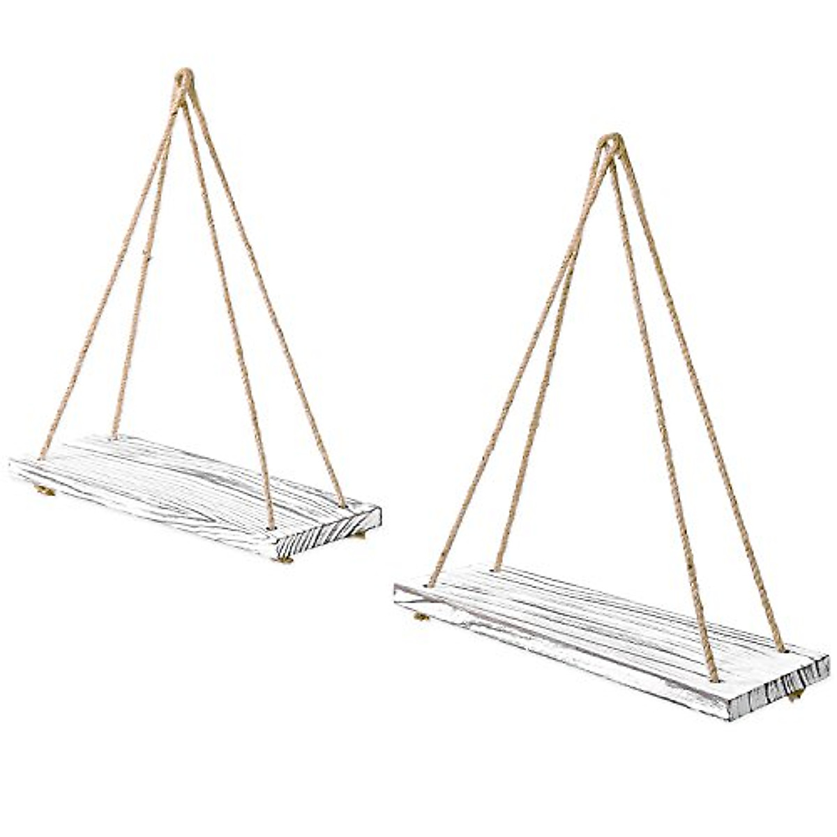MyGift 17-inch Whitewashed Wood Hanging Swing Rope Floating Shelves - Farmhouse Rustic Triangle Wall Plant Shelf, Set of 2