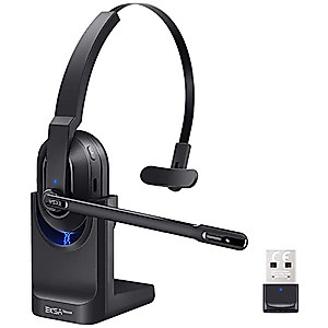 Bluetooth Headset, Wireless Headsets with AI-Powered Environmental Noise Cancelling Microphone(ENC), Fast Charging Base, 45Hrs Bluetooth Headphones with Mute & USB Dongle for PC/Trucker/Work/Phone