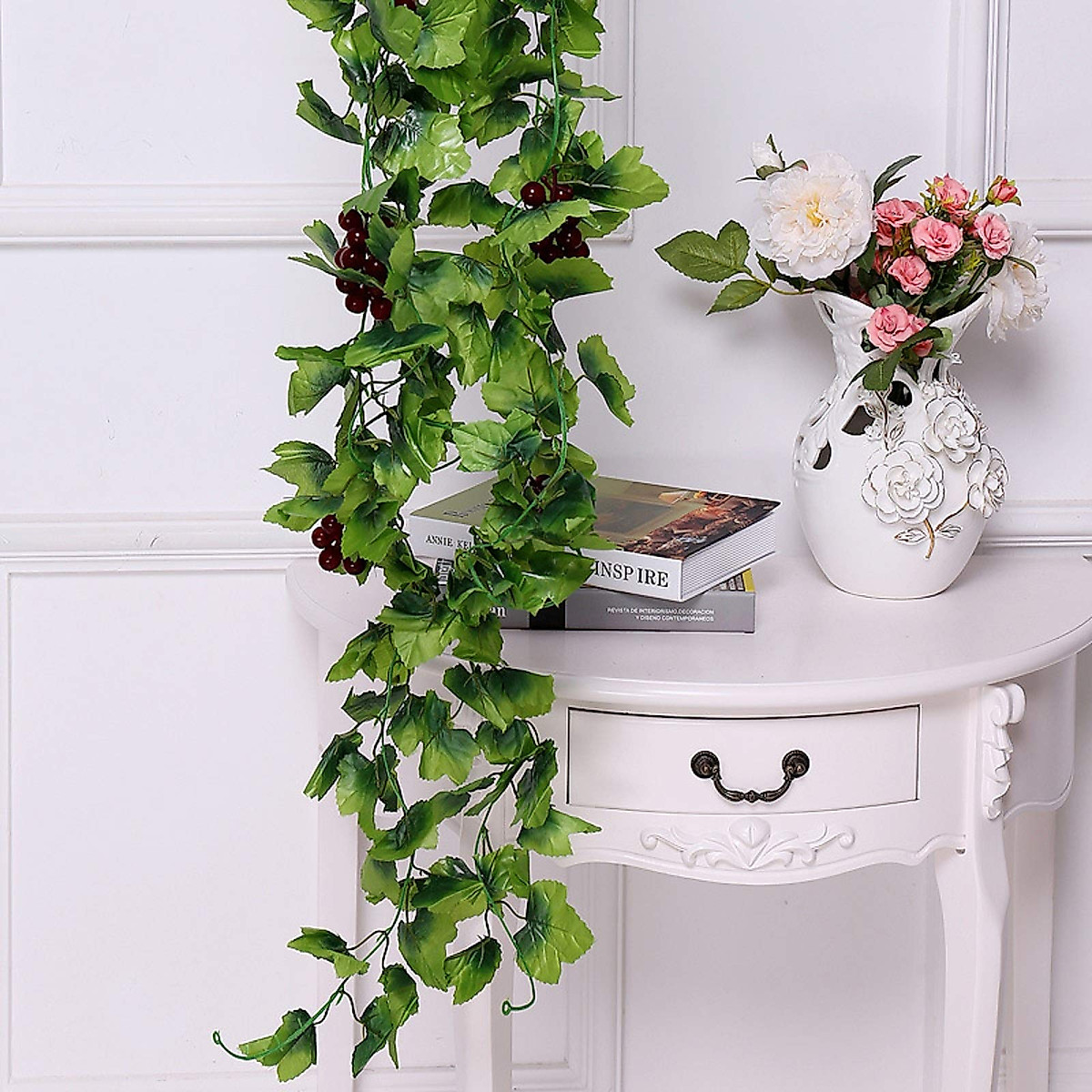 ASkinds 5Pcs Artificial Grapes Vines Leaves Hanging Grapes Rattan Leaves Fruit Grapevines Rattan Artificial Greenery Garland for Home Garden Wedding Party Decoration