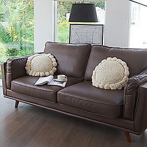 Boho Round Throw Pillow with Cute Handmade Pom Poms Tassels 18 Inch, Decorative Circular Knitted Crochet Cushion for Couch, Sofa, Chair, Bed, Beige