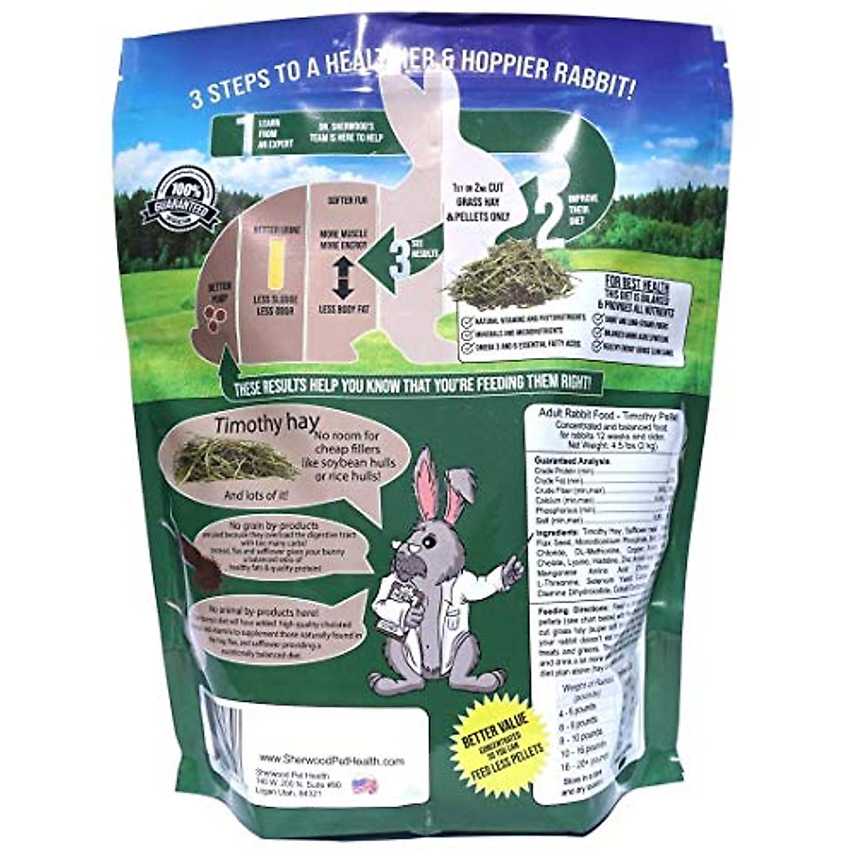 Adult Rabbit Food Timothy Hay Pellet 4.5 pounds. This Sherwood Pet Health hay-based formula is grain-free and soy-free for better digestion. Its also scientifically balanced for better urinary health.
