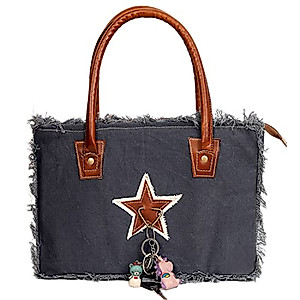 Ruzioon Upcycled Canvas Hand Bag, Canvas & Cowhide Tote Bag, Canvas Tote Bag, Cowhide Leather Handbags, Canvas Shoulder Bags for Women