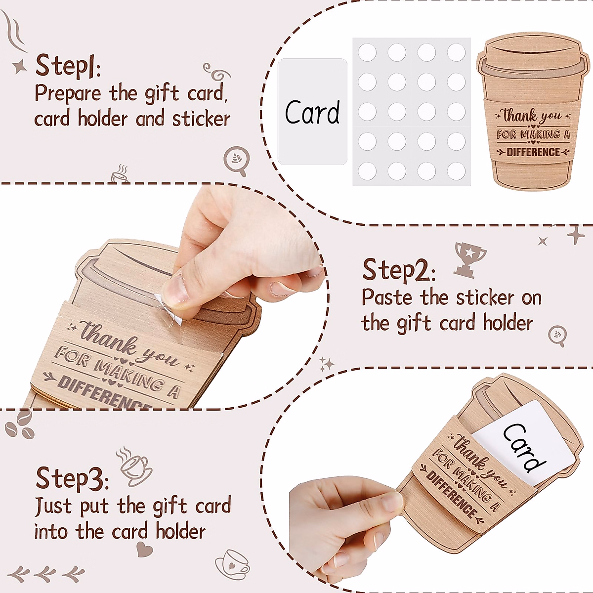 Seeloowy 8 Pcs Employee Thank You Coffee Gift Card Holder Thanks a Latte Coffee Holiday Money Holder Cards Wooden Gift Card Ornament for Coworker Teachers Team Staff Office Favors