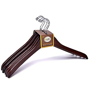 Quality Wooden Curved Coat Hangers, Suit Hangers, Smooth Solid Wood Pants Hangers, Swivel Hook, Coat, Jacket, (Walnut - Chrome Hook, 5)