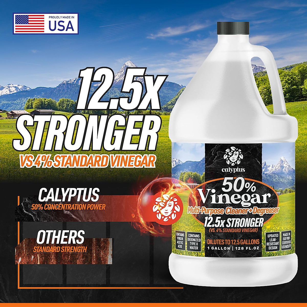 Calyptus 50% Concentrated Vinegar | Highest-Performance (12.5X Power) | Pure Virgin Vinegar | Dynamic-Power | Home, Outdoor, Industrial Cleaner Concentrate | Makes 12.5 Gallons | USA Made | 128 Ounces